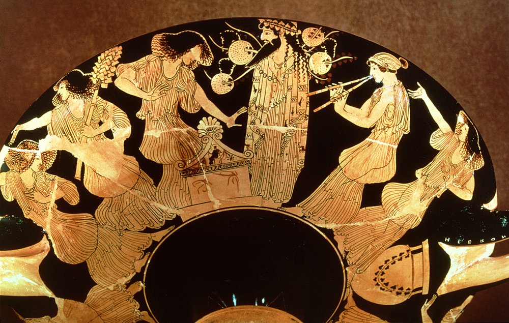 Attic Red Figure Kylix Depicting Dionysus And The Maenads By The